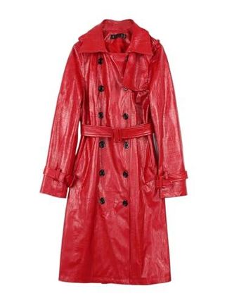 Generic Trench-Coat Femme Printemps Automne Rouge Pu Cuir - Veste Longue Ceinture Revers Mode Double Boutonnage, Rouge, XL