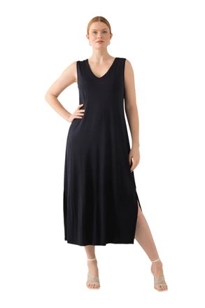 Ulla Popken Damen große Größen Übergrößen Plus Size Slinky-Midikleid, A-Linie, V-Ausschnitt, ärmellos mitternachts blau 50+ 819540769-50+