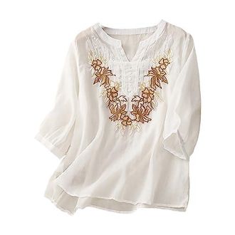 Generic Haut &agrave; manches 3/4 pour femme - Broderie vintage - Manches 3/4 - Manches courtes - D&eacute;contract&eacute; - Tendance - Chemisier boh&egrave;me, blanc, XXL