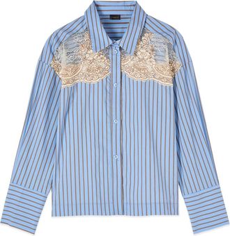 Oltre Femme, Blouses et Chemises, Bleu, Taille: 42 FR Chemise Ray&eacute;e avec Inserts en Dentelle
