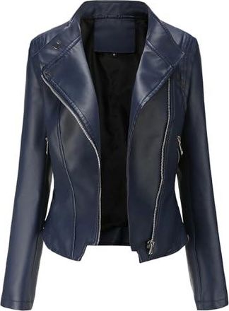 Generic Veste de moto courte en cuir synth&eacute;tique pour femme avec col &agrave; revers et fermeture &eacute;clair, noir fonc&eacute;, XXL
