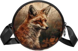 Generic Petit sac &agrave; bandouli&egrave;re rond pour femme, motif renard vintage, avec fermeture &eacute;clair, bretelles r&eacute;glables, sac &agrave; main rond d&eacute;contract&eacute; pour femmes et 