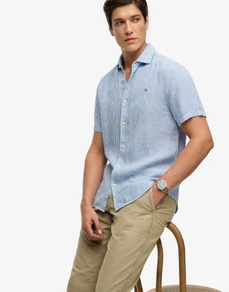 Superdry Riviera - Chemise en lin &agrave; manches courtes et rayures - Bleu et craie
