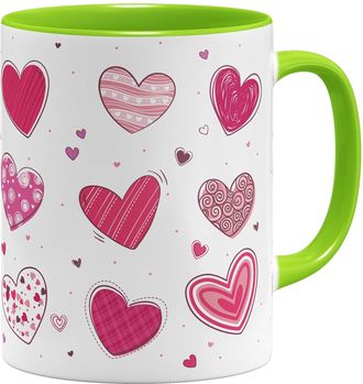 OM3 Herz Muster Love Liebe Herzchen Tasse f&uuml;r Partner - Keramik Becher - 11oz 325ml - Beidseitig Bedruckt - Hellgr&uuml;n