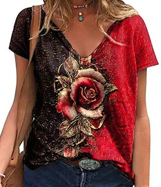 ORANDESIGNE T-Shirt à Manches Courtes à col V et à imprimé Fleuri pour Femme Mode ete Casual K Rouge XL