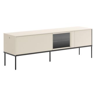 Selsey TV-Lowboard 166 cm Cremefarbenes Mattes Design Hochwertige Spanplatte & Geh&auml;rtetes Glas Schwarze Metallbeine Integriertes Eye-LED mit Touch Push-to-Op
