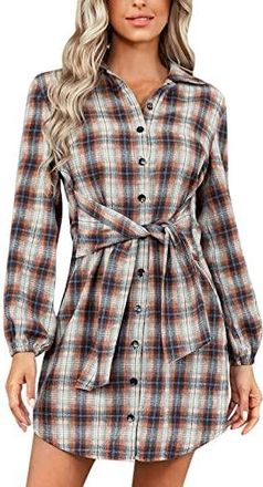 Generic Robes amincissantes &agrave; carreaux pour femmes, robe d&eacute;contract&eacute;e &agrave; lacets, coupe ajust&eacute;e, 2026, Orange, S