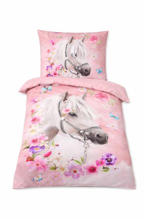 Soma Renforc&eacute; Bettw&auml;sche-Set 2-TLG 135&times;200 cm + 80&times;80 cm - Pferde Rosa/Pink - Baumwolle Kinderbettw&auml;sche