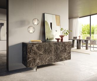 DELIFE Sideboard Cuor 150 cm Keramik Emperador Extra Lucidato Dunkelbraun 3 T&uuml;ren Fu&szlig; Schwebeoptik Acrylglas, Sideboards