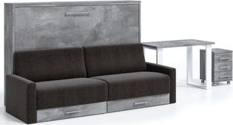 Les Tendances Les Tendances - Lit escamotable horizontal avec tiroirs et canapé Berka 140x190 Haute de gamme-Canapé Gris-Structure et Façade Vison 3D