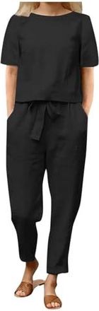 Generic Tenue d&eacute;contract&eacute;e en lin pour femme - T-shirt ample &agrave; manches courtes et pantalon avec poches - Tenue de jogging unie 2 pi&egrave;ces - Ensemble de sport d&eacute;