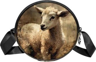 Generic Sac &agrave; bandouli&egrave;re rond pour femme, motif mouton vintage, petit sac &agrave; bandouli&egrave;re avec fermeture &eacute;clair, bretelles r&eacute;glables, sac &agrave; main rond d&eacute;contrac