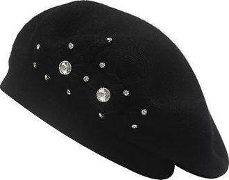 ZLYC Femmes Classique Francais Cachemire Chapeau de Béret avec Décor Floral(Fleurs brodées Noires),Taille Unique
