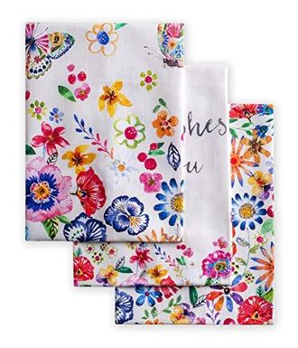 Maison d'Hermine Maison dHermine Happy Florals- 2 High Summer Lot de 3 Serviettes de Cuisine Multi-usages Douces et absorbantes - 100% Coton - Printemps/&eacute;t&eacute; (50 cm x 7