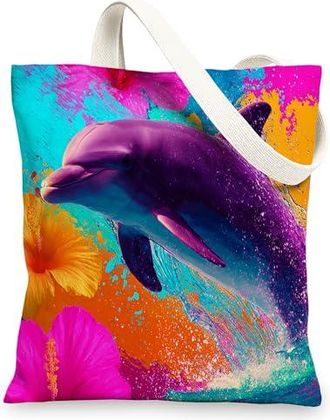 Generic Sacs fourre-tout en toile motif dauphin coloré, sacs dépicerie réutilisables, légers et lavables avec bandoulière, Couleurs vives, 13x15 Inch