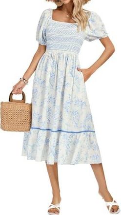 Kate Kasin Robe midi pour femme - Corsage smocked floral - Col carr&eacute; - Manches courtes bouffantes - Robe trap&egrave;ze avec poches - Robe d&eacute;t&eacute; d&eacute;contract&eacute;e pour la pla