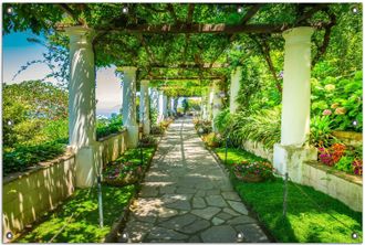 Wallario Outdoor-Poster f&uuml;r Garten oder Balkon Bl&uuml;hende Pergola, Motivbanner Gr&ouml;&szlig;e: ca. 100 x 150 cm, Outdoor-Bild