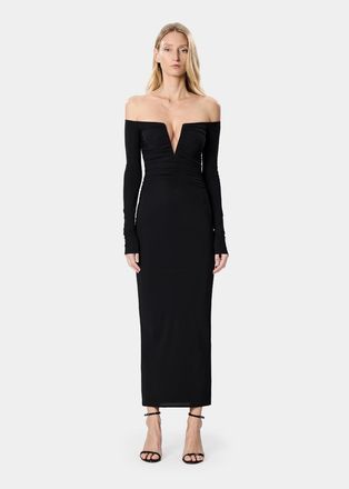 Amazu&igrave;n Womens Long Dress With Off-The-Shoulder Neckline Black Polyamide