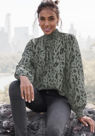 Lascana Langarmbluse LASCANA, Damen, Gr. 34, gr&uuml;n (gr&uuml;n, schwarz bedruckt), Web, Obermaterial: 100% Viskose, gemustert, figurumspielend h&uuml;ftlang, ohne Ausschn