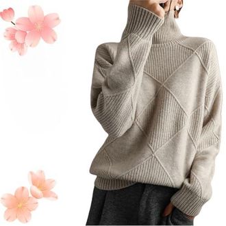 Generic Pull tricoté à col roulé à motif losanges pour femme, haut classique à manches longues, coupe ajustée, surdimensionné, tissu doux, léger et durable, g