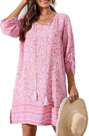 Zeagoo Robe dété pour femme - Style bohème - Manches 3/4 - Tunique - Mini robe ample - Robe décontractée, Rose, XXL