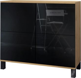 Vladon Kommode Rova V3, Moderner K&uuml;chenschrank mit 4 Push-to-Open T&uuml;ren Eiche Evoke/Schwarz Hochglanz (92,5 x 84.5 x 35)