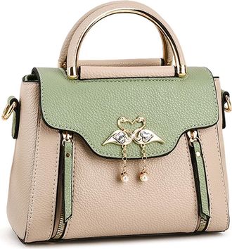 Nicole & Doris Kleine Damen Handtasche Umhängetasche mit Griff Schultertaschen PU Leder Mädchen Crossbody Bag Mini Henkeltasche Satchel Grün mit Khaki
