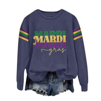 Generic Sweat-shirt tendance d&eacute;contract&eacute; &agrave; col rond imprim&eacute; &agrave; manches longues pour femme, bleu marine, XXL