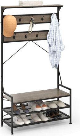 Costway Costway - Porte-Manteau avec 11 Crochets, Banc à Chaussures à 2 Niveaux, 2 Kits Anti-Basculement, Banc dentrée pour Vestiaire, 102x40x184 cm, Gris