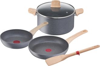 T-fal Natural Force G2669282 Kochtopf 24 cm + Pfannen 20/24 cm + Pfannenwender, Induktion, Antihaftbeschichtung, Thermo-Signal, gesundes Kochen, hergestellt