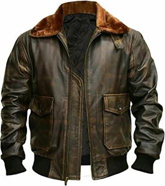 Generic Blouson aviateur G1 A2 en cuir pour homme, Marron vieilli, XXL