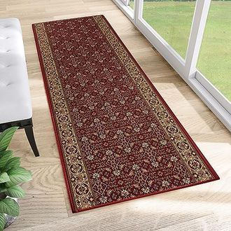 Tapiso Antid&eacute;rapant Tapis Couloir Long Tapis au M&egrave;tre Tapis de Passage Poils Ras Tapis Entr&eacute;e Cuisine &Eacute;vier Chambre Escaliers Classique Rouge Marron Floral O