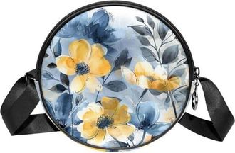 Generic Petit sac &agrave; bandouli&egrave;re circulaire pour femme, motif feuilles florales, sac &agrave; dos avec fermeture &eacute;clair, bretelles r&eacute;glables, sac &agrave; main rond d&eacute;contra