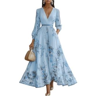 Generic Robe longue &agrave; manches longues pour femme - Col en V - Manches courtes - Pour mariage, vacances, plage, B bleu clair., XXL
