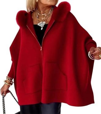 Generic Femmes Manteau en Fausse Fourrure avec Col en Fourrure, Veste D&eacute;contract&eacute;e &agrave; Couleur Unie, Manteau &agrave; Capuche avec Fermeture &Eacute;clair &agrave; Lavant, Finition 