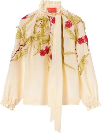 La DoubleJ Bestickte Bluse mit Rüschen - Nude