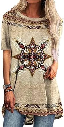 ORANDESIGNE T-Shirt Long Femme à Manche Courte T-Shirt Col Rond Blouse Eté Ample Casual Tops Imprimé Ethnique Colorées Tee Shirt Mode Tops T-Shirt Lâche Haut Long