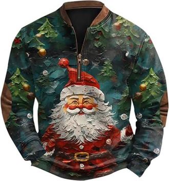 Generic Pull à col rond pour homme - Style décontracté - Imprimé Père Noël 3D - Fermeture éclair - Manches longues - Pull dhiver - Coupe ajustée, noir foncé, 
