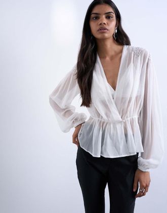Topshop Lang&auml;rmlige, transparente Chiffon-Bluse in Elfenbeinwei&szlig; mit Einsatz