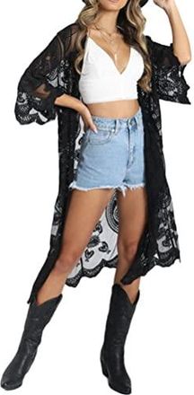Minetom Femmes Cardigan Longue Kimono Sexy Floral Dentelle Bikini Cover Up Maillot de Bain Robe de Plage Vacances B Noir Taille Unique