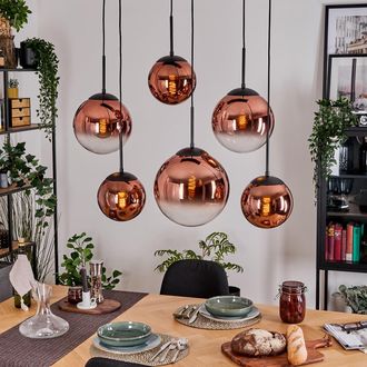 HOFSTEIN Hängeleuchte Gastor, 6-flammige Hängelampe aus Metall/Glas in Schwarz/Kupfer/Klar, moderne Pendelleuchte im Retro/Vintage-Design (Schirme Ø 20; 25; 30