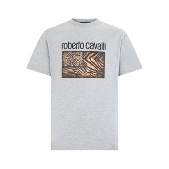 Roberto Cavalli Homme, Tops, Gris, Taille: 2XL T-shirt à col rond avec imprimé animal et logo