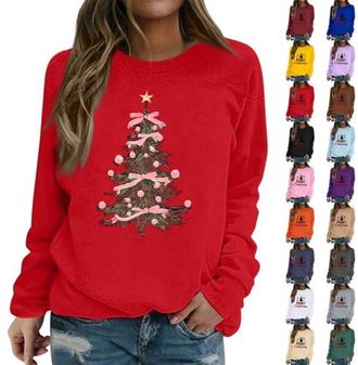 Generic HUIFUAO Sweat-shirt de Noël pour femme avec noeud amusant et sapin de Noël - Grande taille - Tenue de Noël à manches longues - Pull tendance - Cadeau 