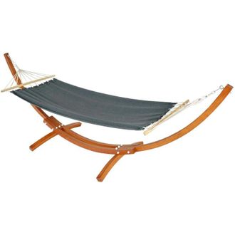 Hhg Neuwertig] H&auml;ngematte mit Gestell HHG 660, H&auml;ngeschaukel, bis 200kg Holzgestell MVG-zertifiziert 320cm braun, Matte grau
