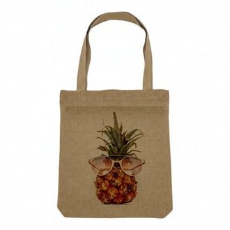 Fabulous Sac Shopping Tote Bag Aspect Lin - Ananas &agrave; Lunettes de Soleil Vacances Ete - Sac de Courses Toile Epaisse 360g Beige Naturel Cabas Port&eacute; Epaule Solid
