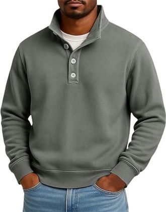 Generic T-shirt &agrave; manches longues pour homme - Polo &agrave; col montant boutonn&eacute; - Coupe r&eacute;guli&egrave;re - Pull dext&eacute;rieur respirant - T-shirt d&eacute;contract&eacute; basique uni - H