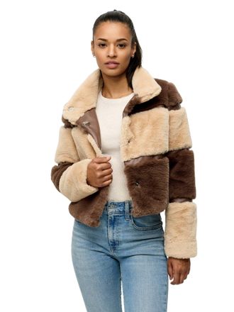 Tazzio Damen Jacke - Übergangsjacke mit Blockstreifen-Design im Teddy-Look, kuschelige Felloptik F805 (Ecru, S)