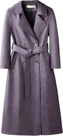 Generic Trench-coat en simili cuir pour femme - Veste longue dhiver double boutonnage &agrave; revers crant&eacute;, violet, M