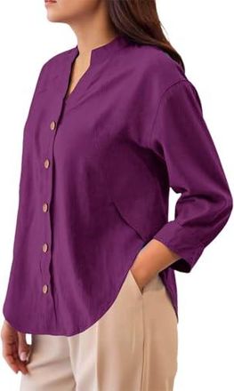 Generic Chemises &agrave; manches 3/4 pour femme - Hauts en coton - Grande taille - D&eacute;contract&eacute; - En coton et lin - Tendance - L&eacute;ger - Confortable - Manches longues 