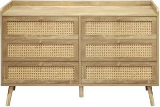 Calicosy Commode 6 Tiroirs avec Façades en Rotin Naturel L120 x P39 x H79 cm - Meuble de Rangement en Bois - Style Bohème et Moderne - Collection PALMO